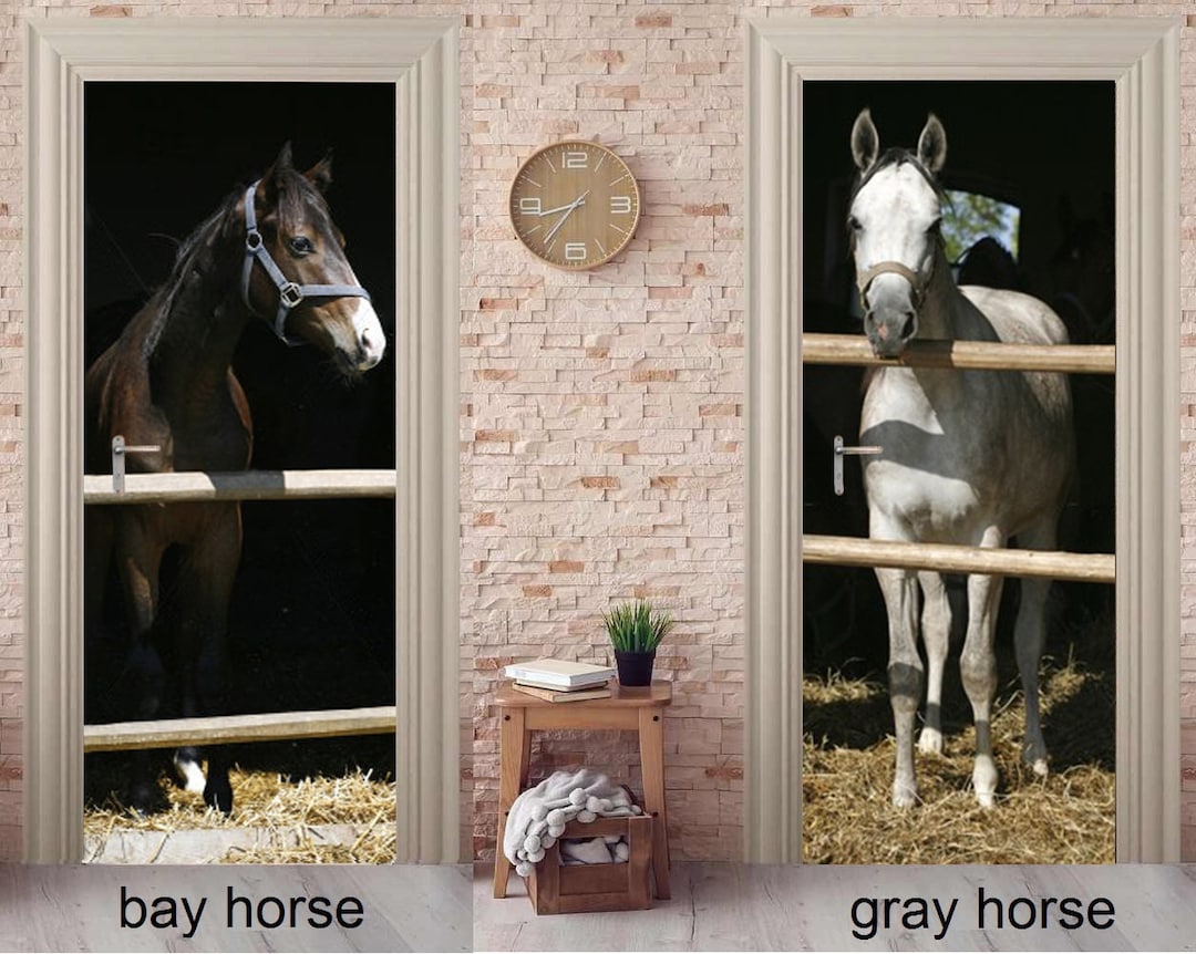 Door Wall Sticker Bay Horse in the Stall/ Gray Horse in the Stall/horse ...