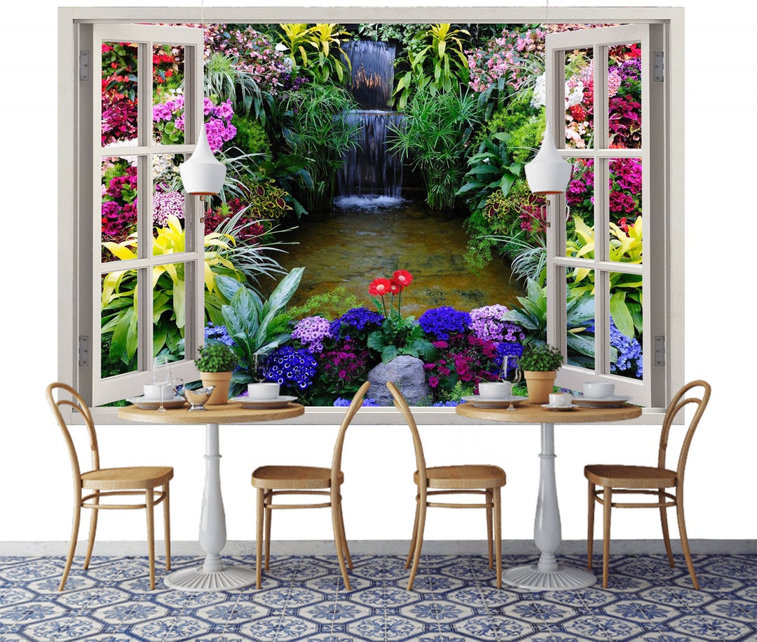 3D Wall Sticker Window Waterfall in the Garden/ 3D Window Wall Decal ...