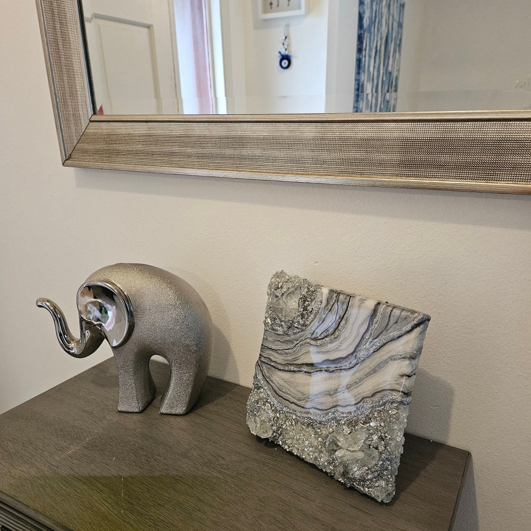 Geode Painting, Original Resin Wall Art in Silver and White, Crystal ...