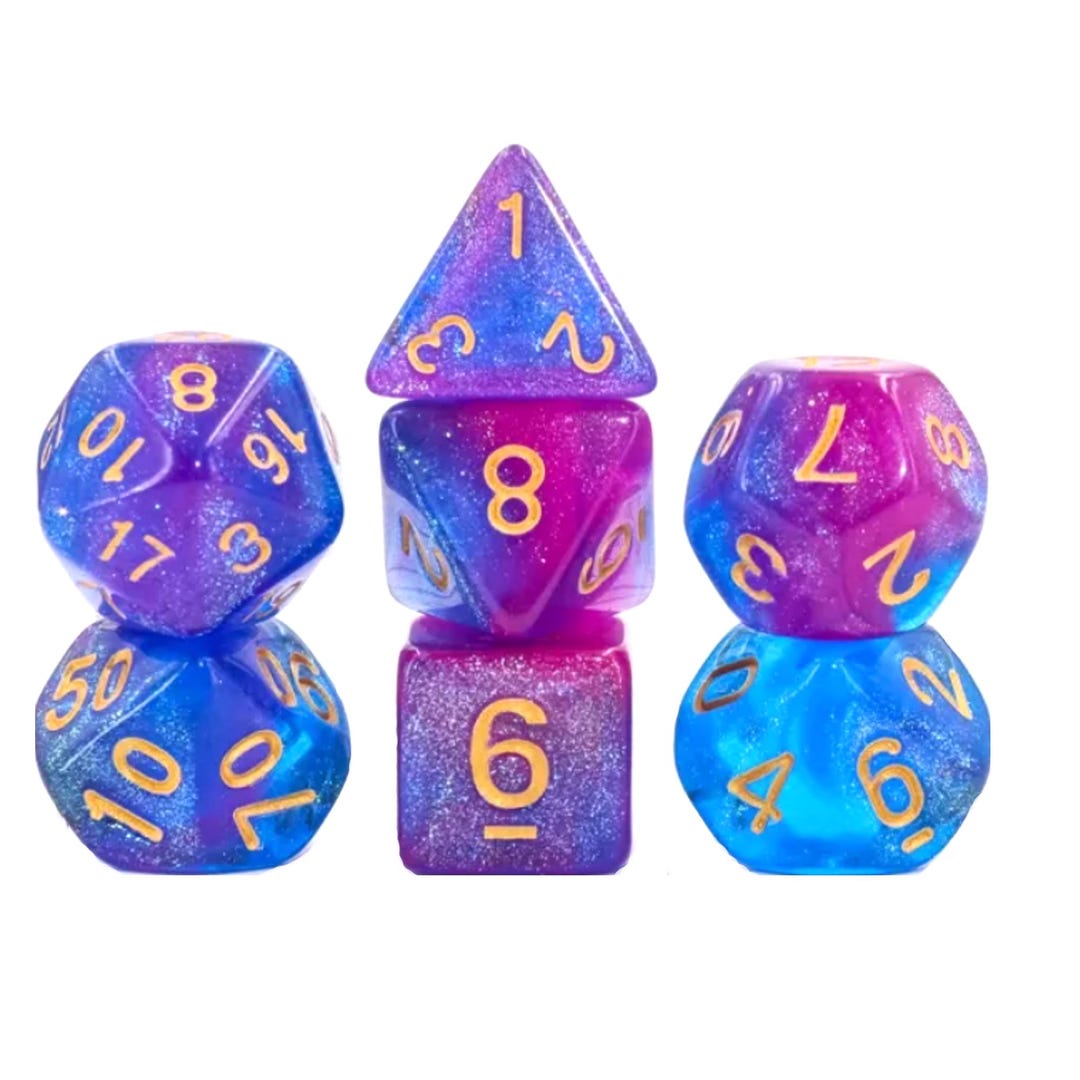 Night Magic - Purple, Pink and Blue Glitter Design 7 Polyhedral Dice ...