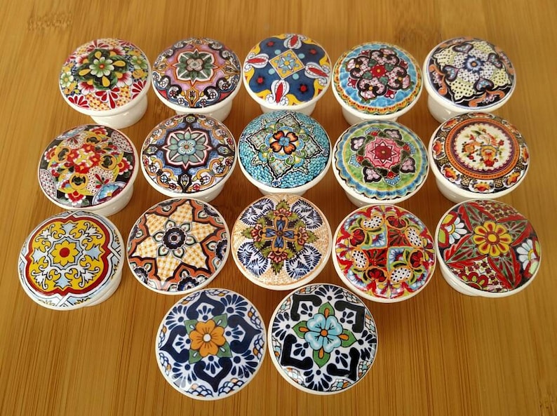 Talavera Spanish Dark Blue Wood Drawer Knob, Mandala Mexican Floral ...