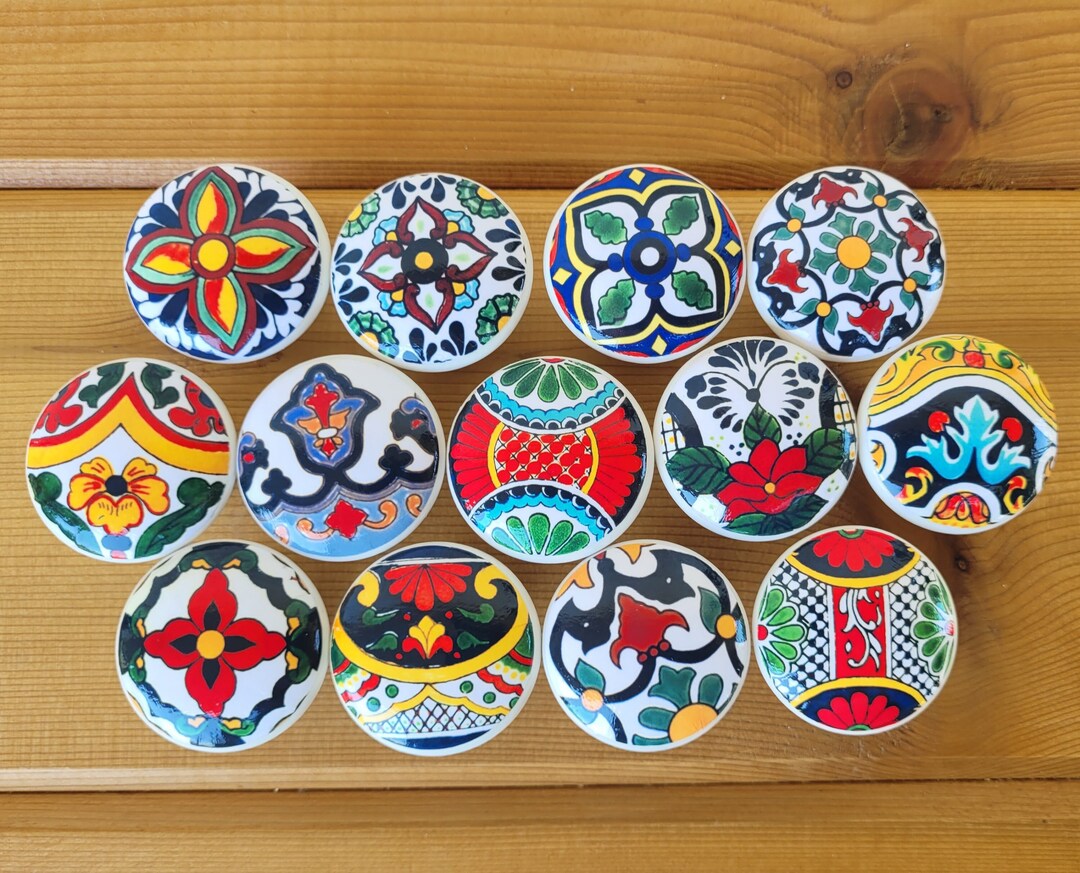 Spanish Tile Wood Drawer Knobs, Pulls, Mexican Decor, Dark Blue, Red ...