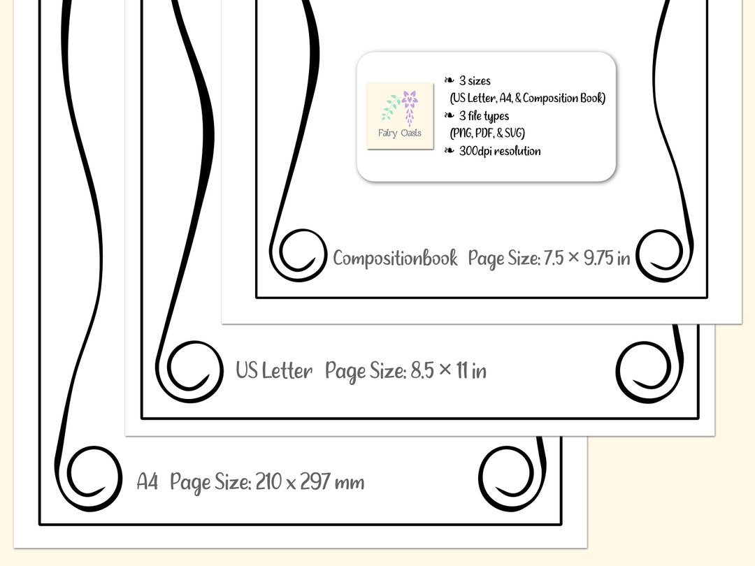 Bold Curling Lines Digital Page Border || US Letter, A4 ...