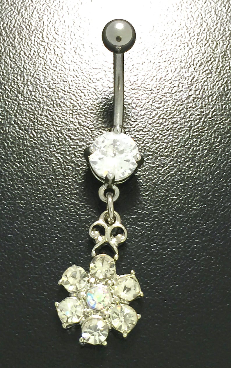 Daisy CZ Dropper Belly Bar 1.6mm Navel Ring Navel Bar Stainless Steel ...