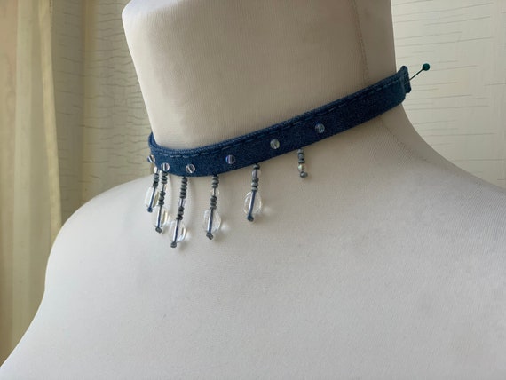 Handmade Denim Choker Decorated With Glass Bead Hangings Handcrafted From Reused Materials Necklace From Recycled Fabric Etsy