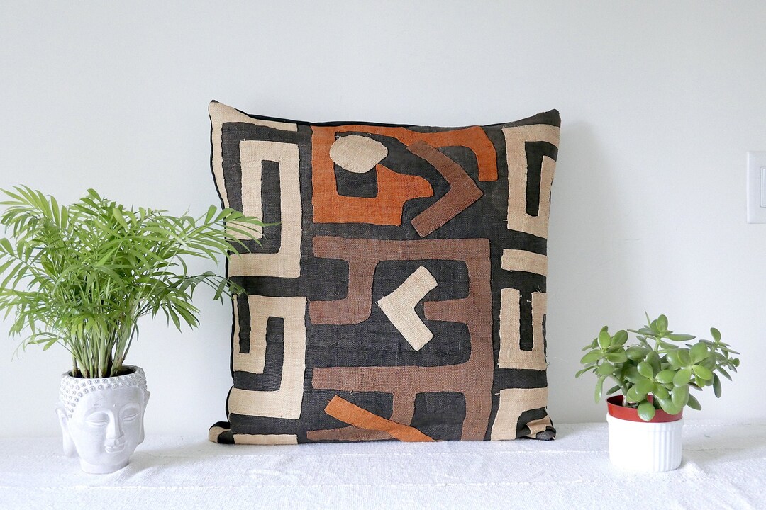 African Kuba Fabric Textile Handmade Natural Raffia Pillowcase Pillow ...