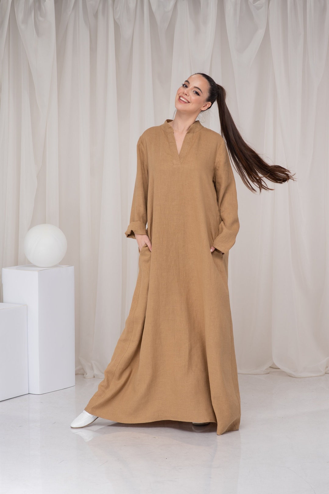 Linen Kaftan Maxi Dress Women, Linen Abaya, Long Linen Dress With Pleat ...