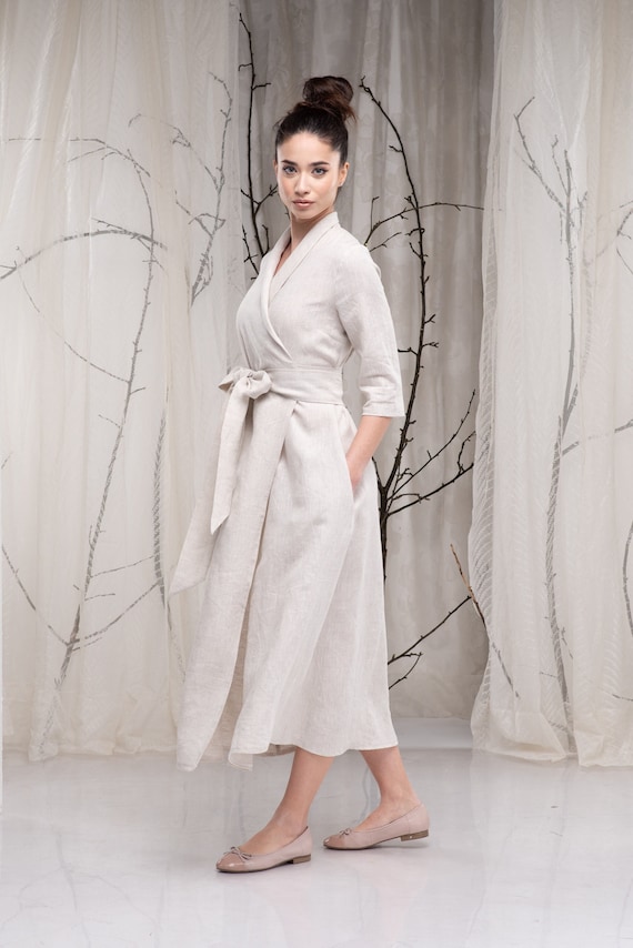 Linen Wrap Dress For Women Boho Linen Dress Shawl Collar Etsy