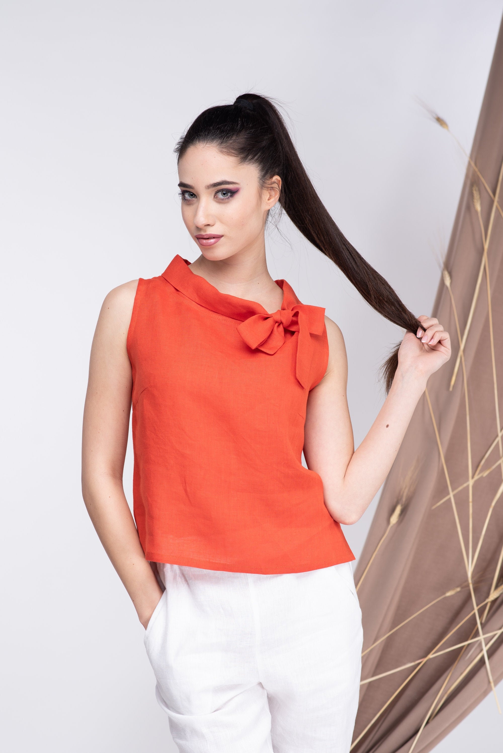 Women Linen Tops Sleeveless Linen Blouse Women Orange Summer Etsy