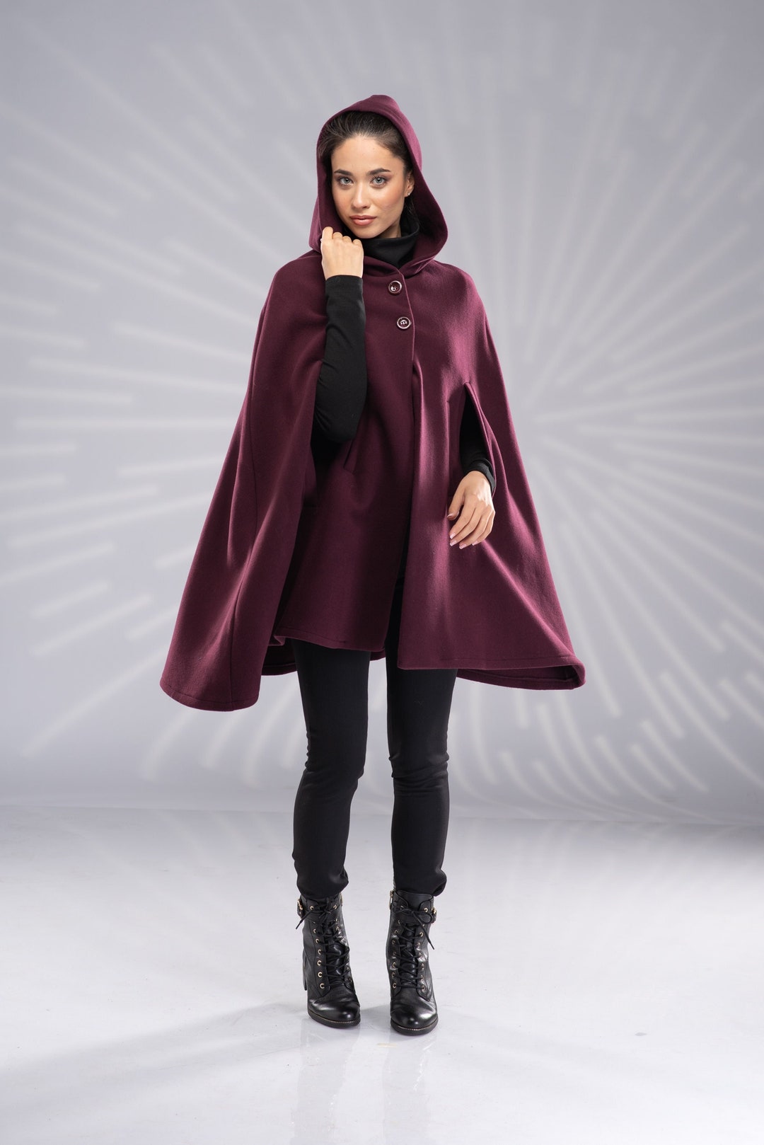 Wool Hooded Cape Coat, Winter Short Hooded Cloak, Hooded Cloak Coat ...