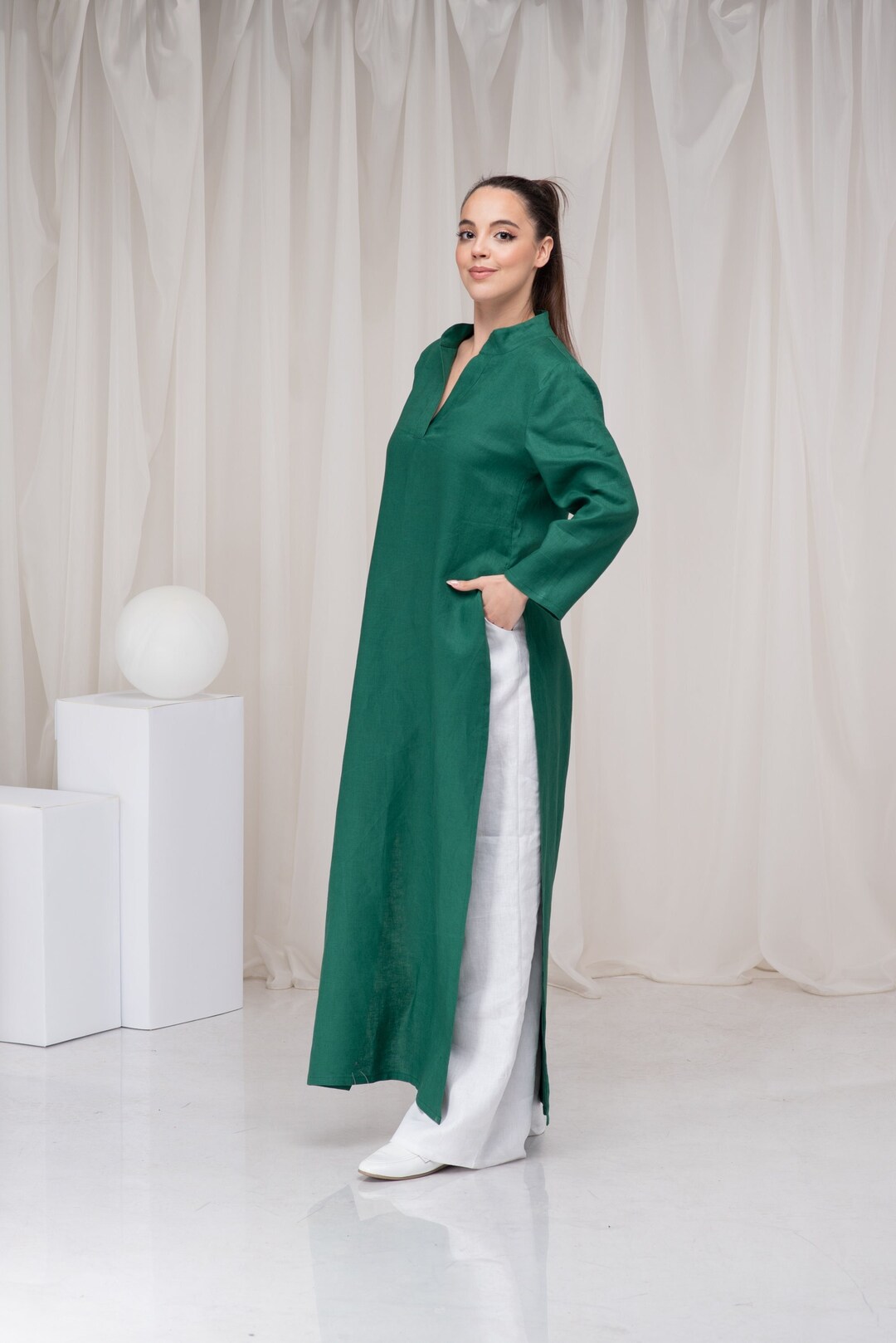 Maxi Linen Tunic, Long Linen Tunic Dress, Side Slit Tunic, Linen Tunic ...