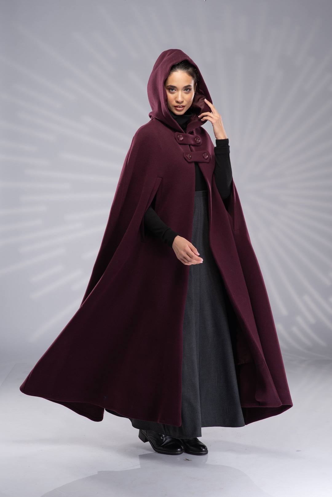 Wool Hooded Cape Coat, Wool Cloak With Hood, Wool Cape Women, Burgundy Winter Cloak, Maxi Hooded ...