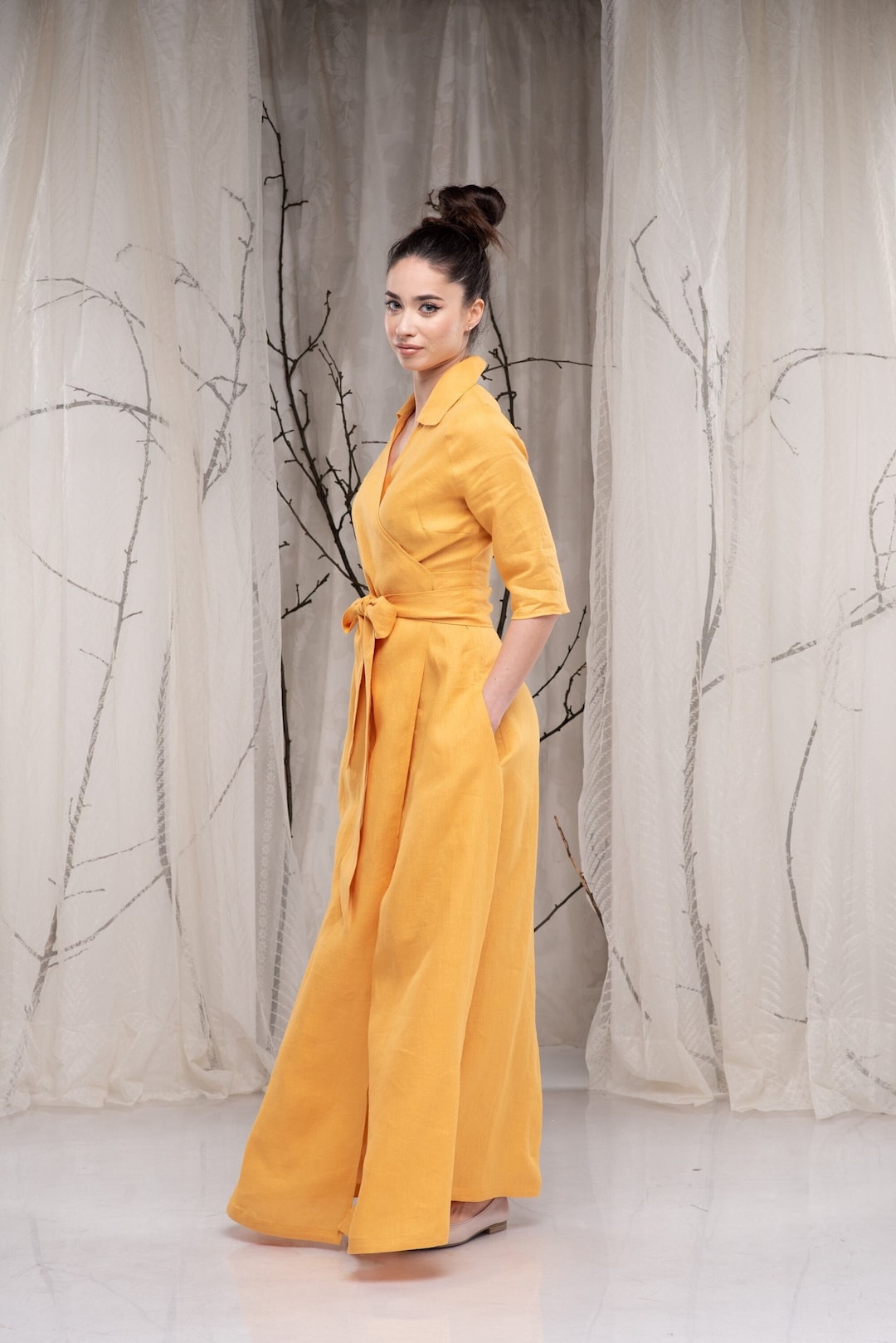 Linen Maxi Wrap Dress, Long Linen Dress Women, Collar Wrap Dress ...