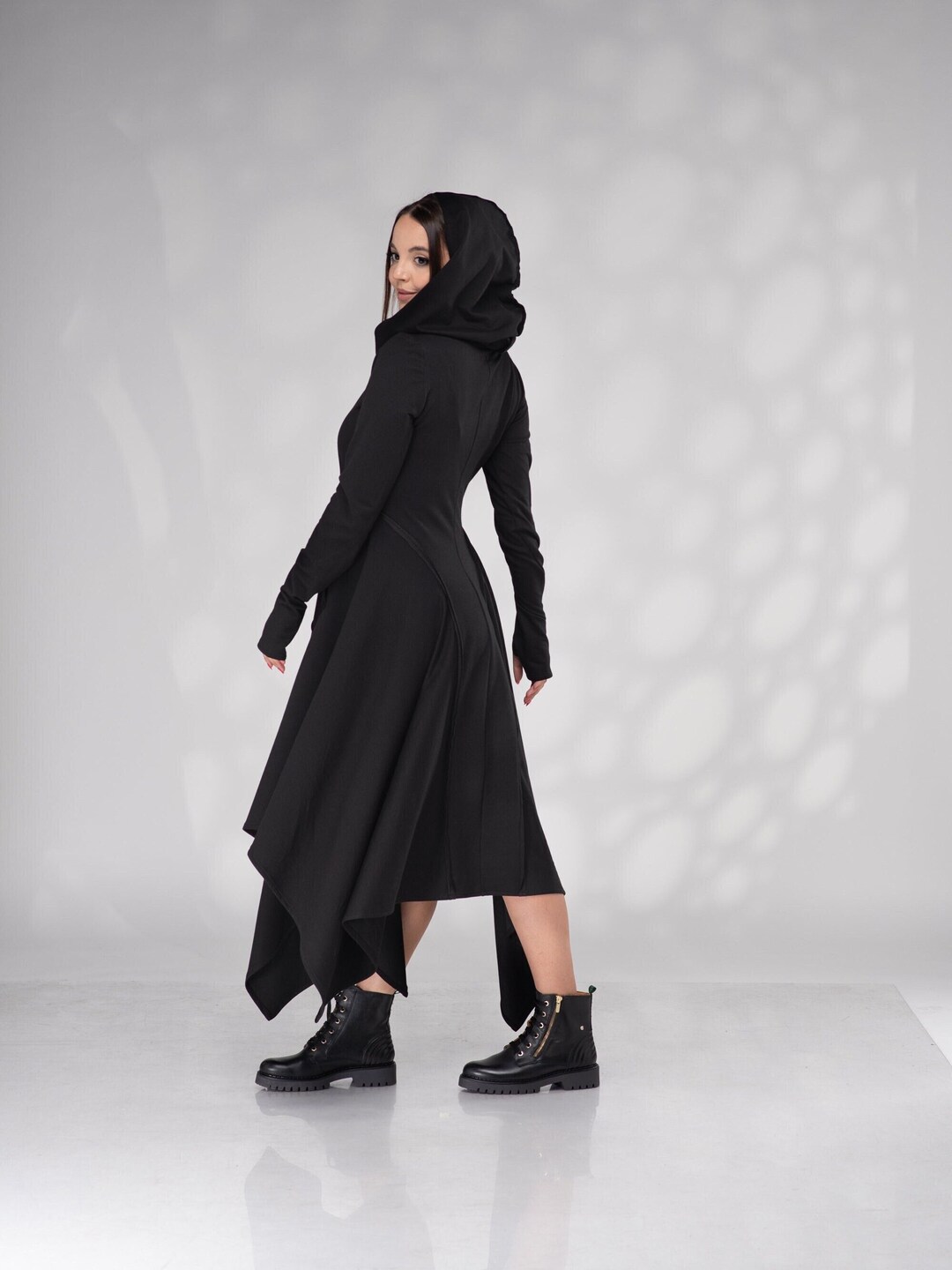 Hooded Sweatshirt Asymmetrical Dress, Black Zipper Gothic Dress ...