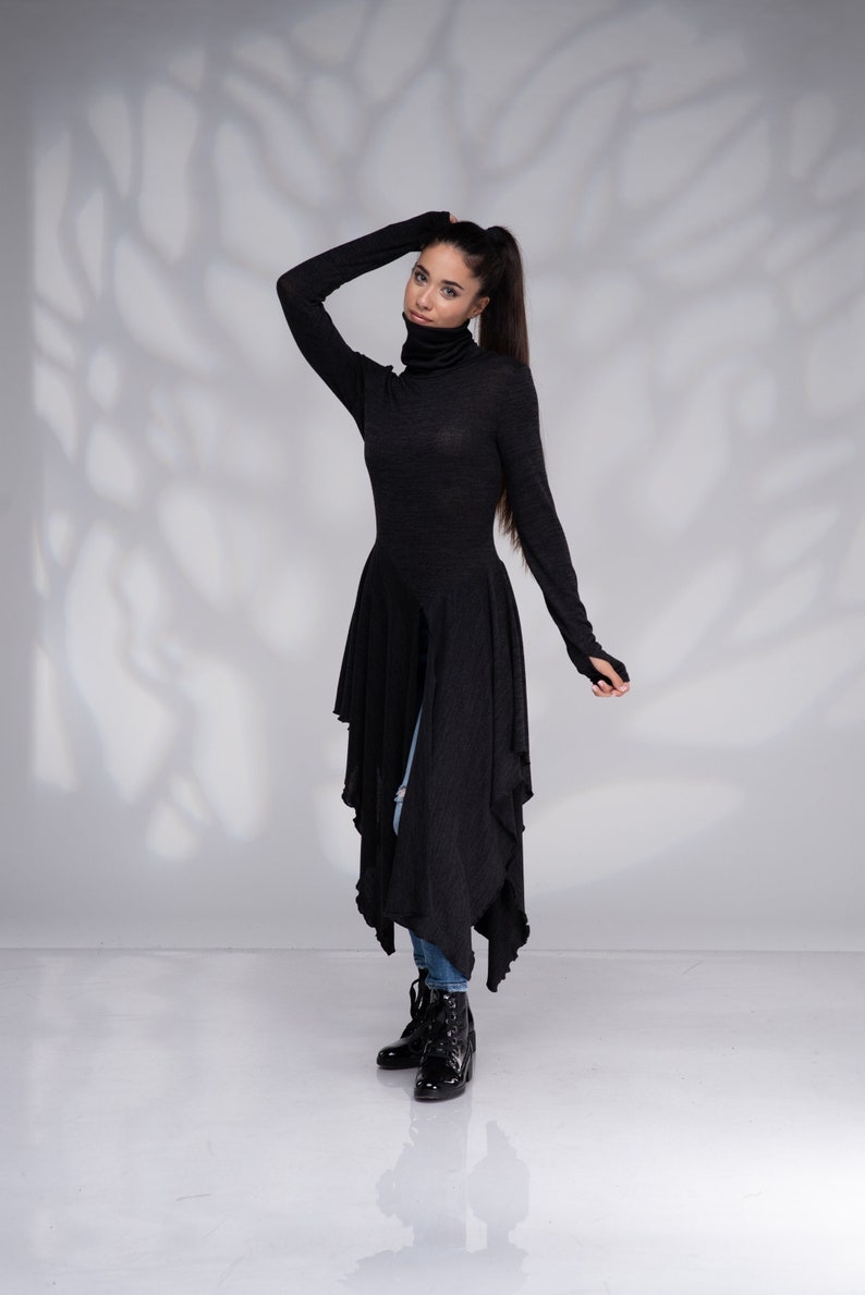 Long Black Turtleneck Asymmetrical Tunic, Tunic Sweater With Thumb Hole ...