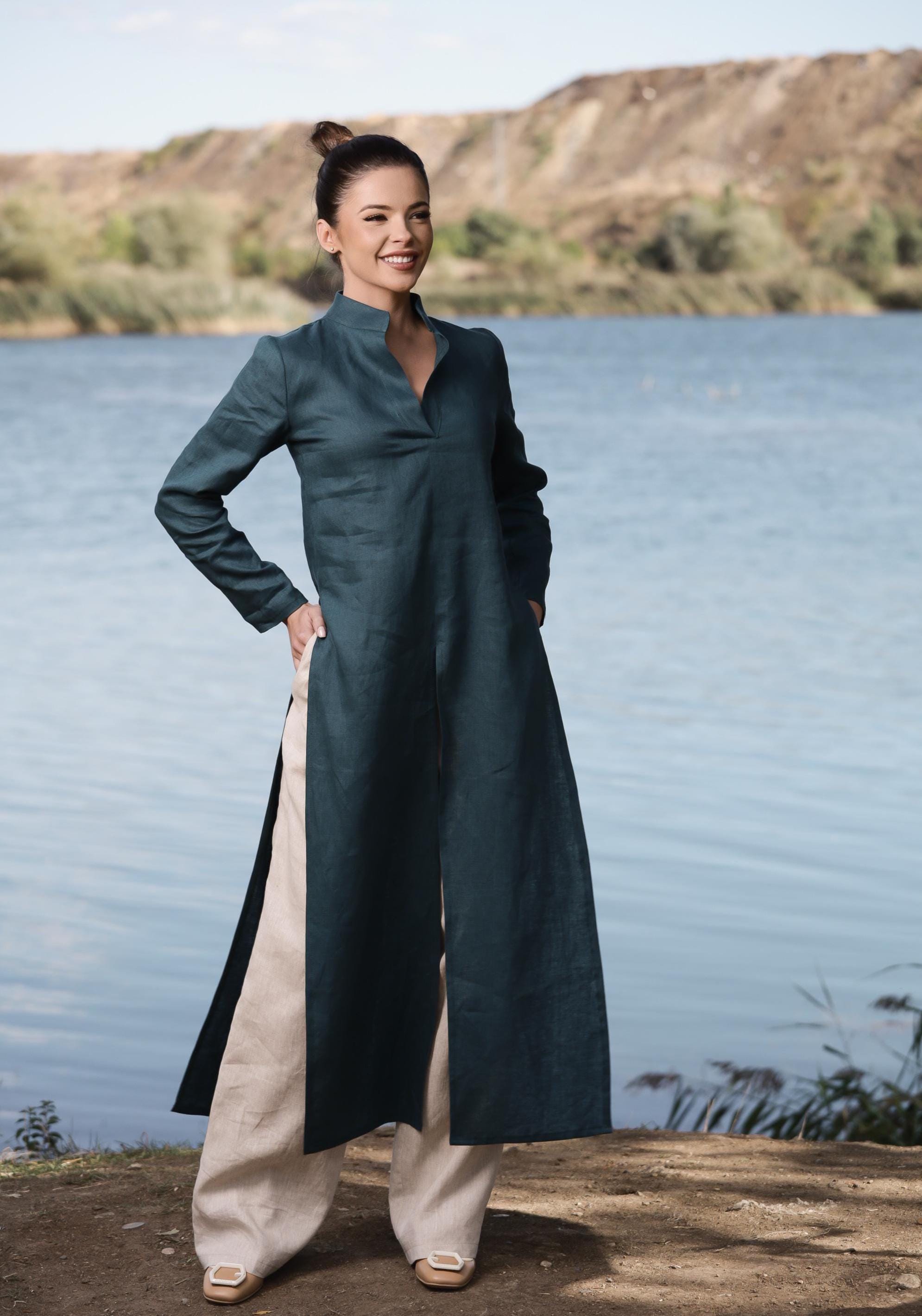 Long Linen Tunic for Women, Linen Shirt Dress With Two Slits on Side - Etsy