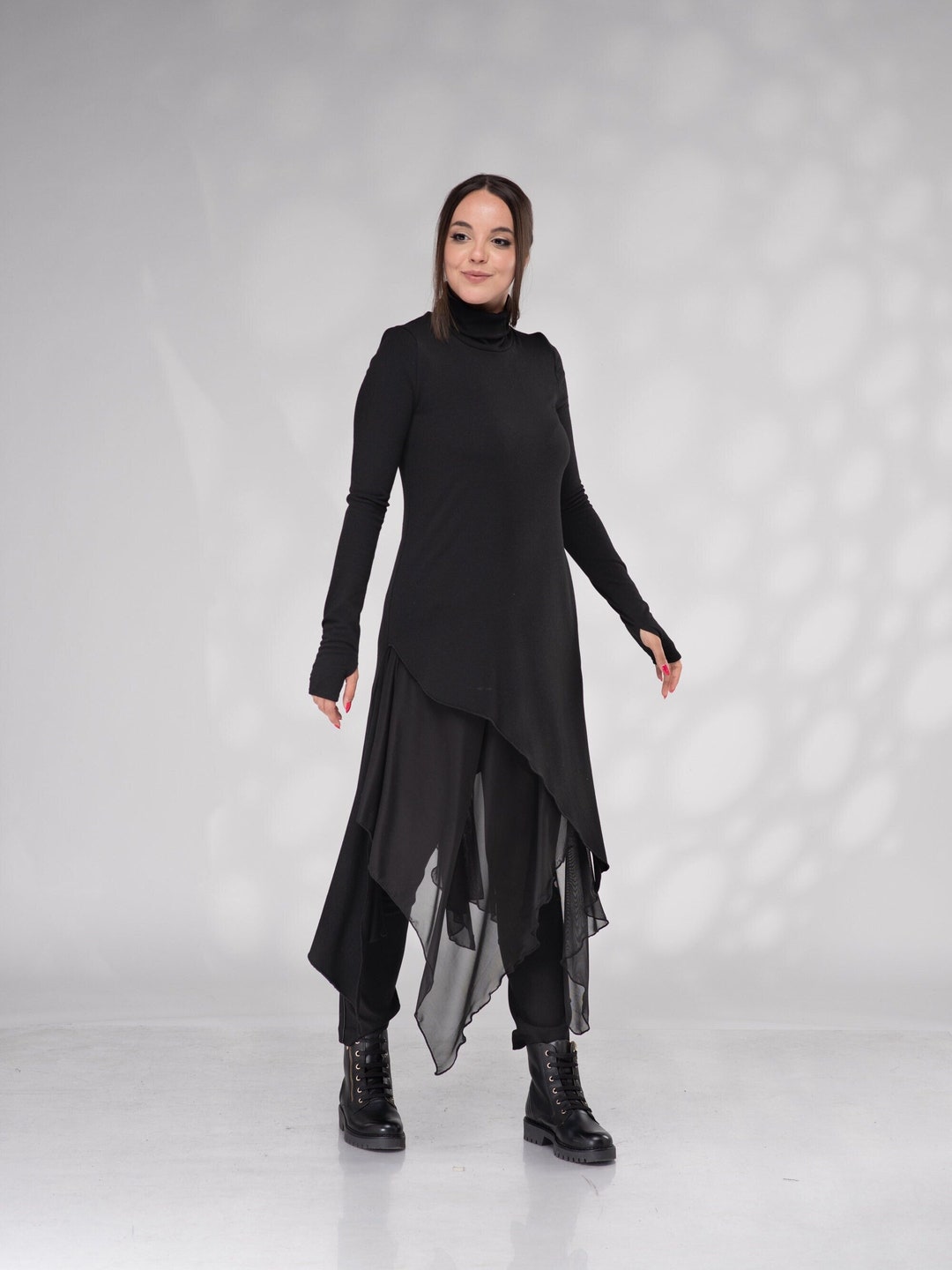 Long Black Turtleneck Asymmetrical Tunic Dress, Maxi Tulle Tunic With ...