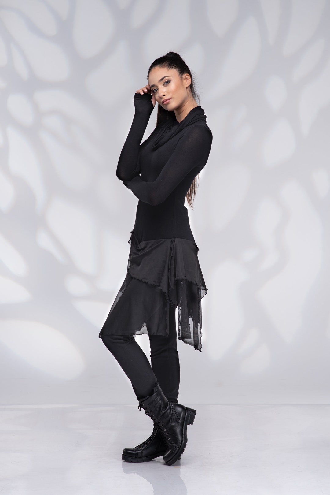 Long Black Draped Asymmetrical Tunic, Turtleneck Casual Top With Thumb ...