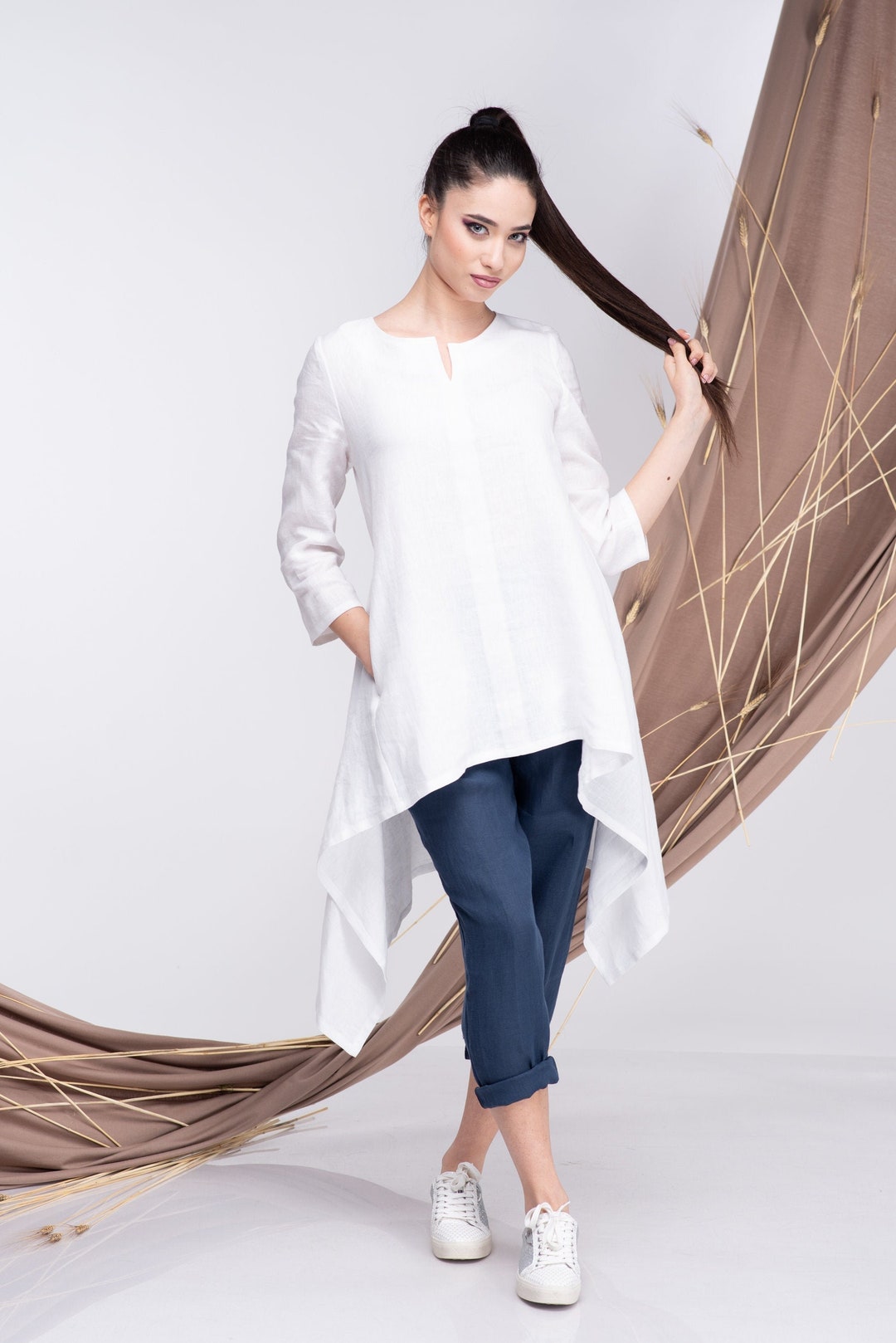 White Asymmetrical Linen Tunic, Summer Linen Top for Women, Two Pockets ...