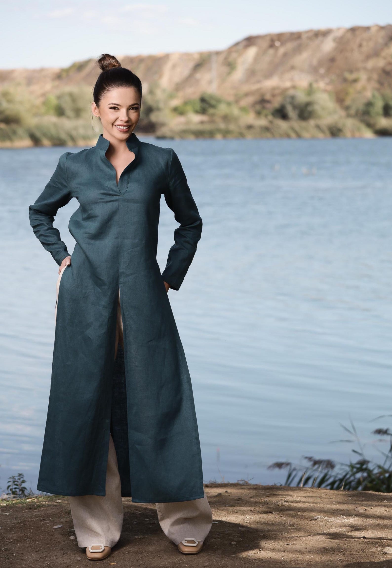 Long Linen Tunic for Women, Linen Shirt Dress With Two Slits on Side - Etsy
