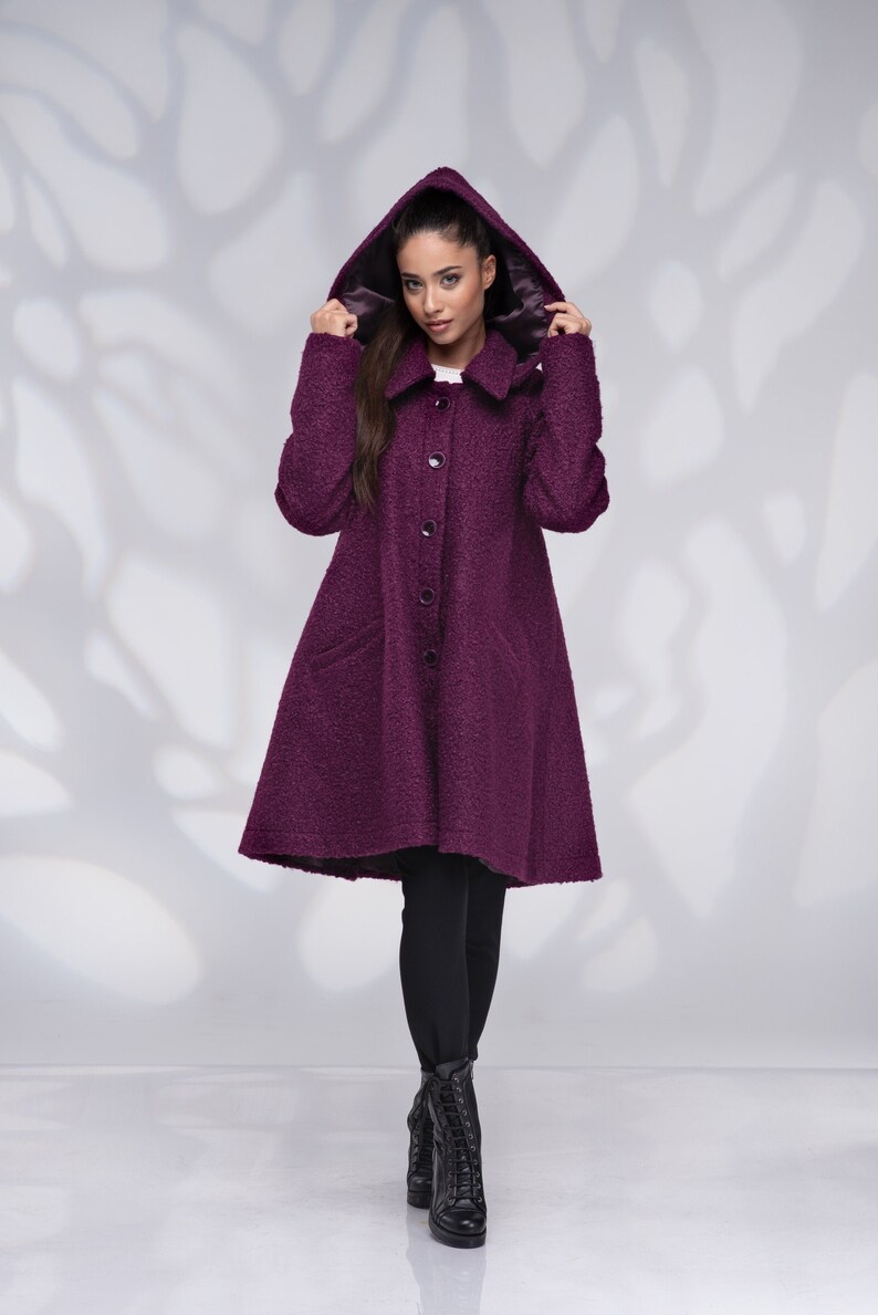 Wool Coat Hooded Winter Coat Women Swing Coat With Lining Etsy
