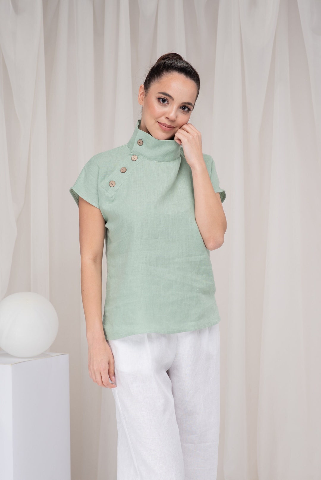Women Flax Blouse Short Sleeve, Pure Linen Tops for Women, Linen Shirt ...