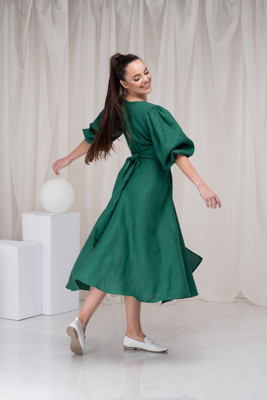 Linen Wrap Dress Midi Balloon Sleeve Linen Dress Women Puffy Etsy