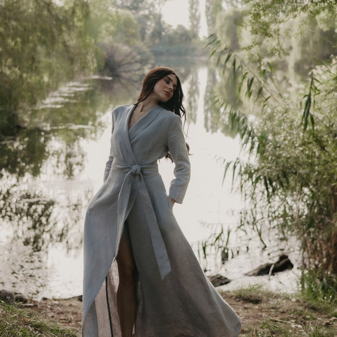 Long Linen Wrap Dress Long Sleeves, Linen Summer Maxi Dress, Shawl ...