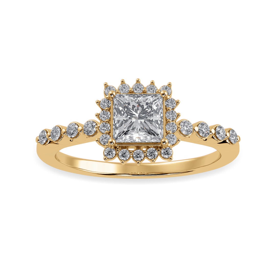 50-pointer Princess Cut Solitaire Halo Diamond Shank 18K Yellow Gold ...