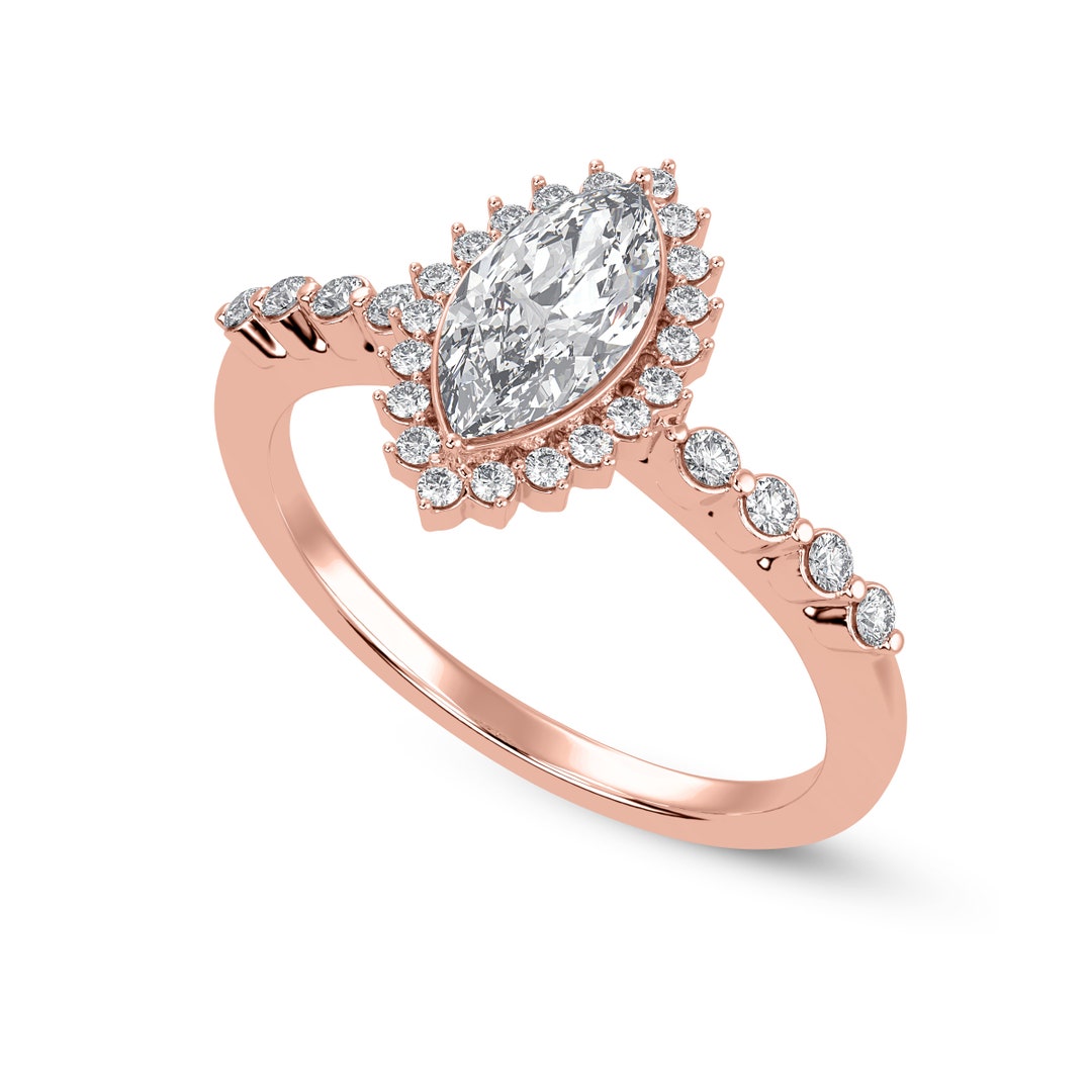 50-pointer Marquise Cut Solitaire Halo Diamond Shank 18K Rose Gold Ring ...