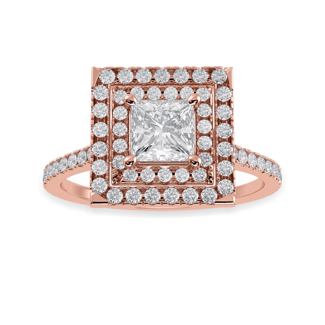 70-pointer Princess Cut Solitaire Double Halo Diamond Shank 18K Rose ...