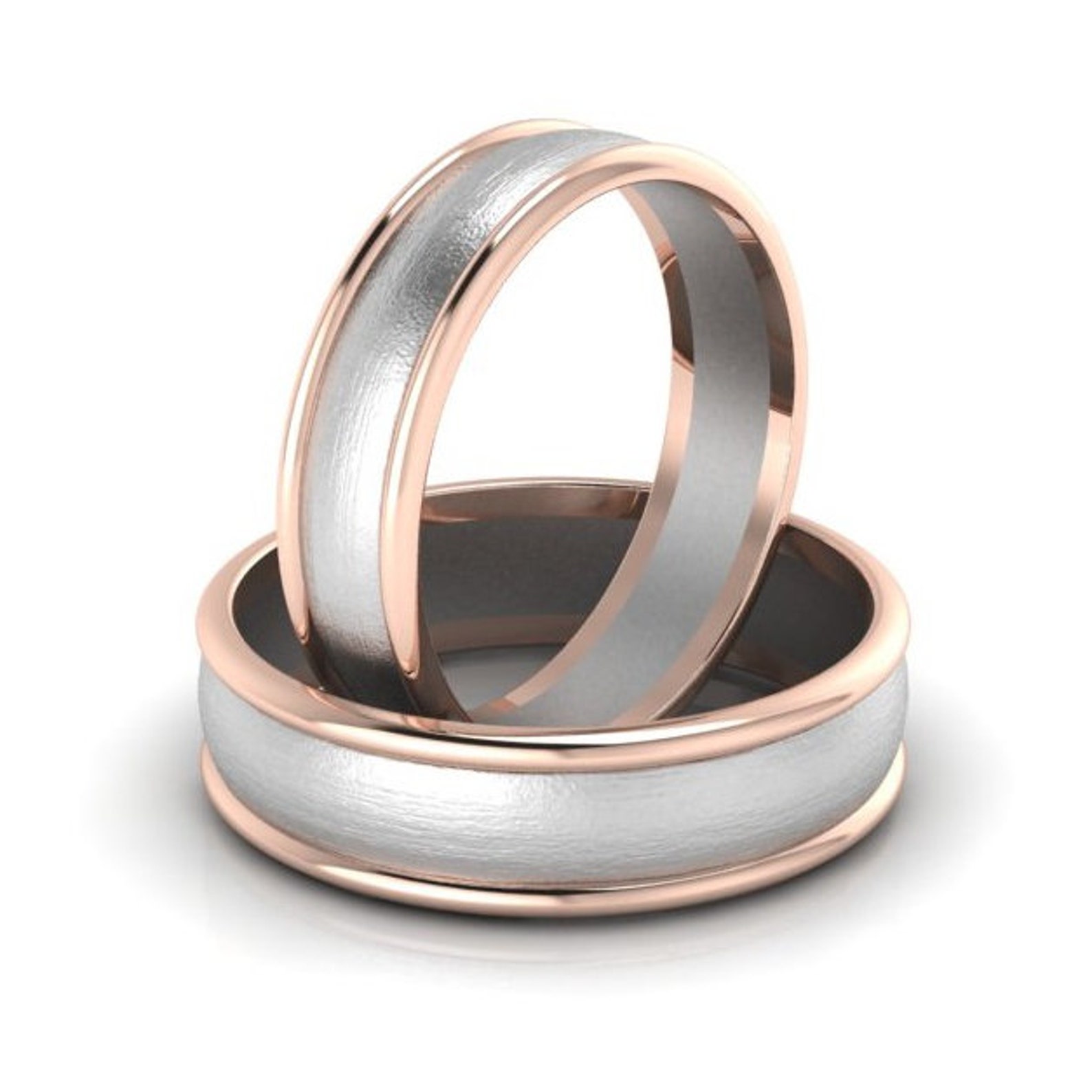 Classic Plain Platinum Couple Rings With a Rose Gold Border JL - Etsy