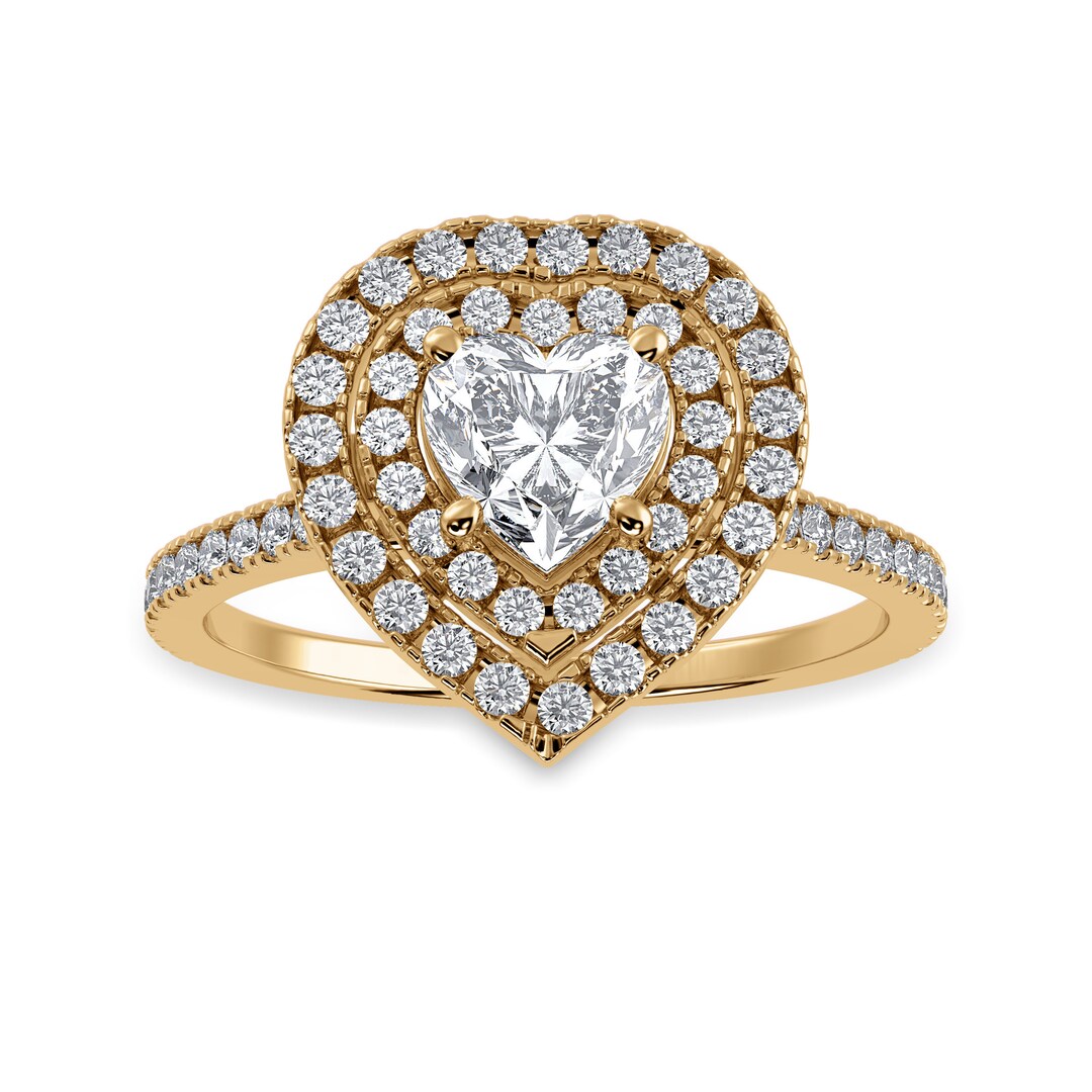 50-pointer Heart Cut Solitaire Double Halo Diamond Shank 18K Yellow ...