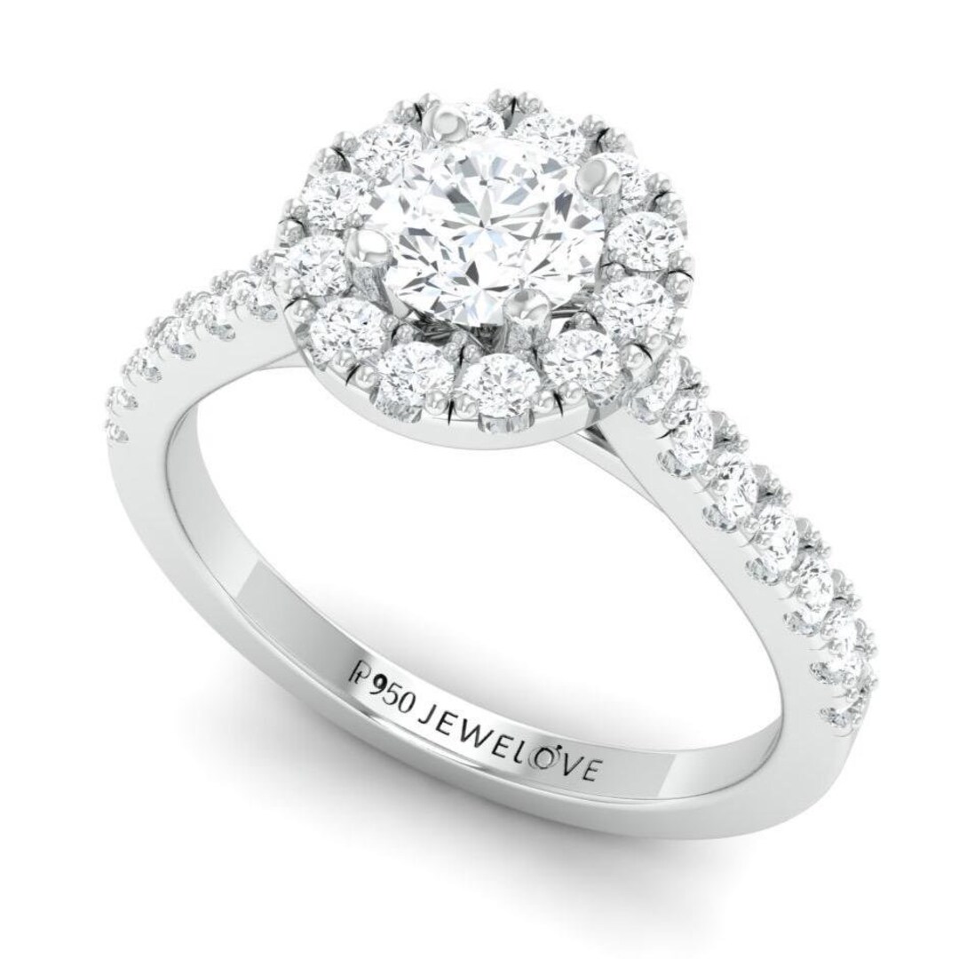 40-pointer Platinum Solitaire Engagement Ring With Diamond Halo & Shank ...