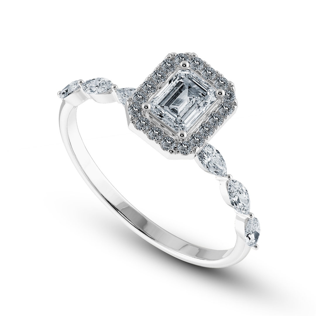 50-pointer Emerald Cut Solitaire Halo Diamonds With Marquise Cut ...