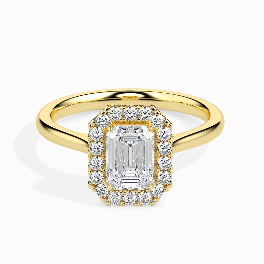 50-pointer Emerald Cut Solitaire Halo Diamond 18K Yellow Gold Ring JL ...