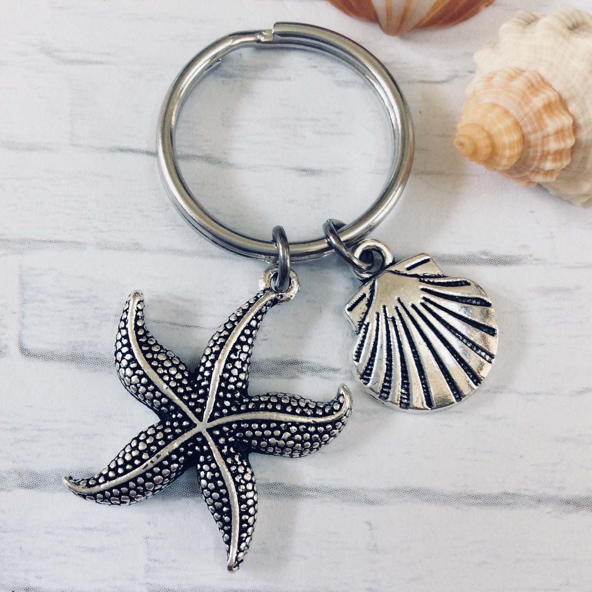BEACH KEYCHAIN, Beach Charm Key Ring, Starfish Keychain, Seashell ...