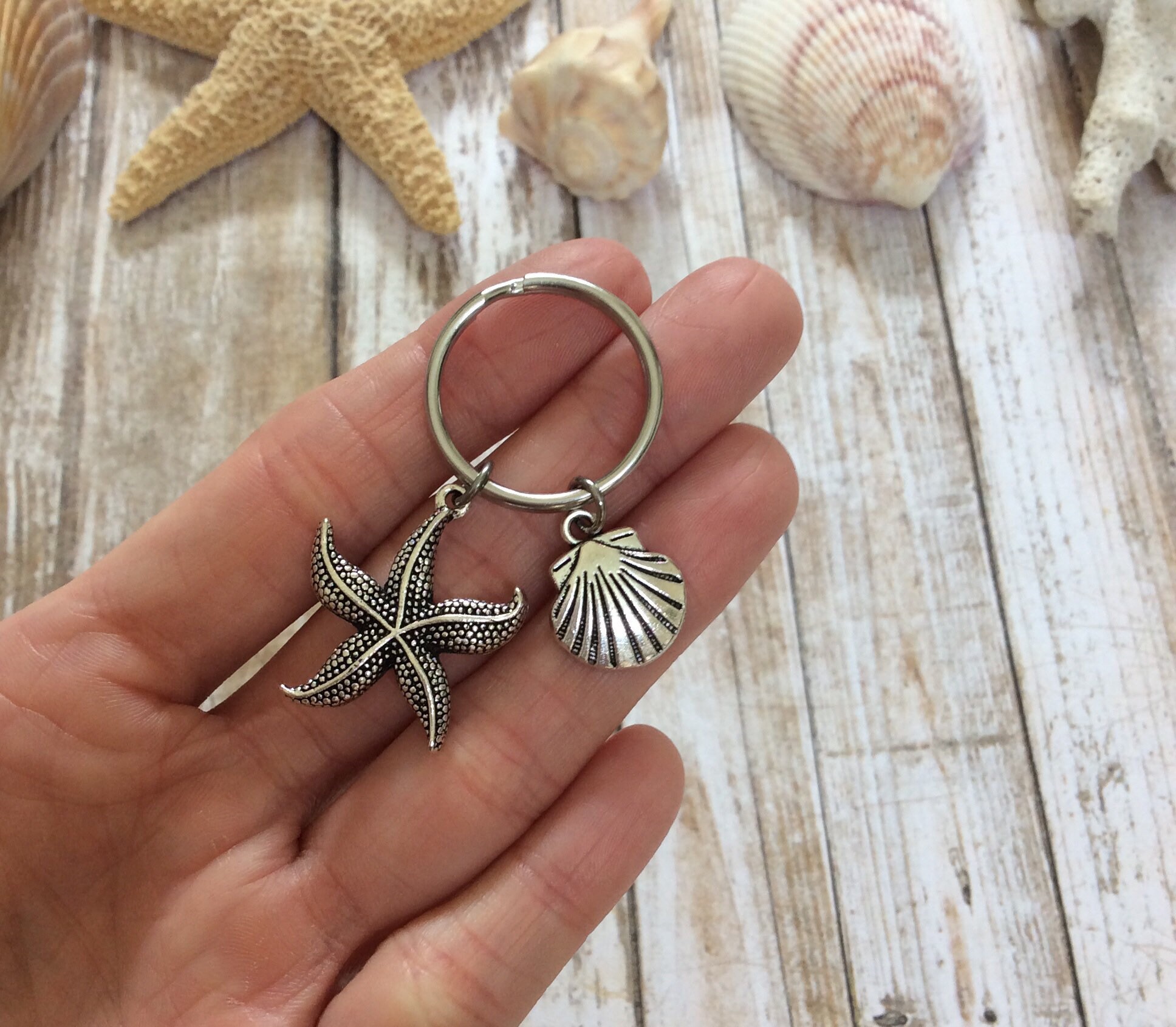 BEACH KEYCHAIN, Beach Charm Key Ring, Starfish Keychain, Seashell ...