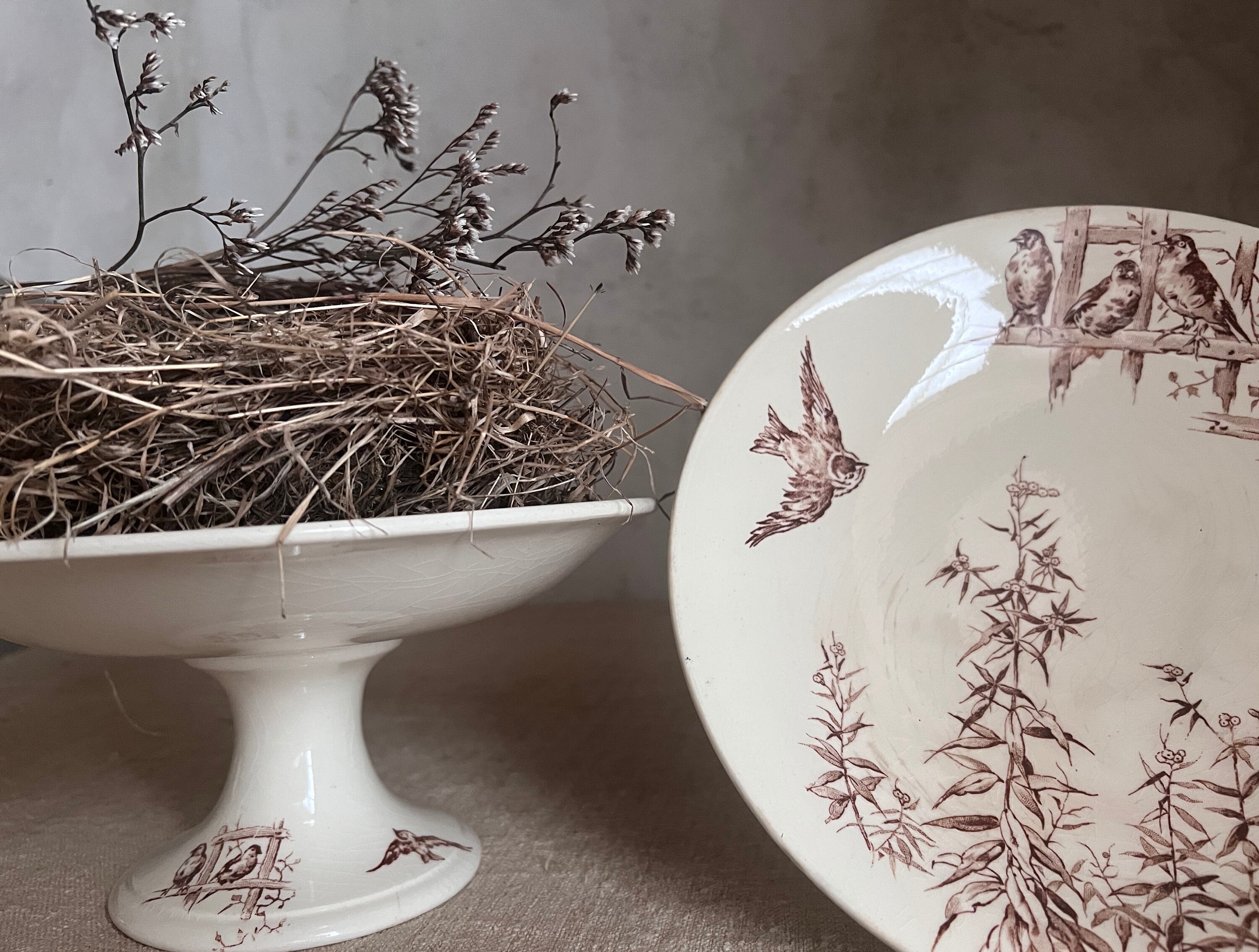 2 Antique French Compote Dishes . Sepia. Birds Flowers Stamped GIEN ...