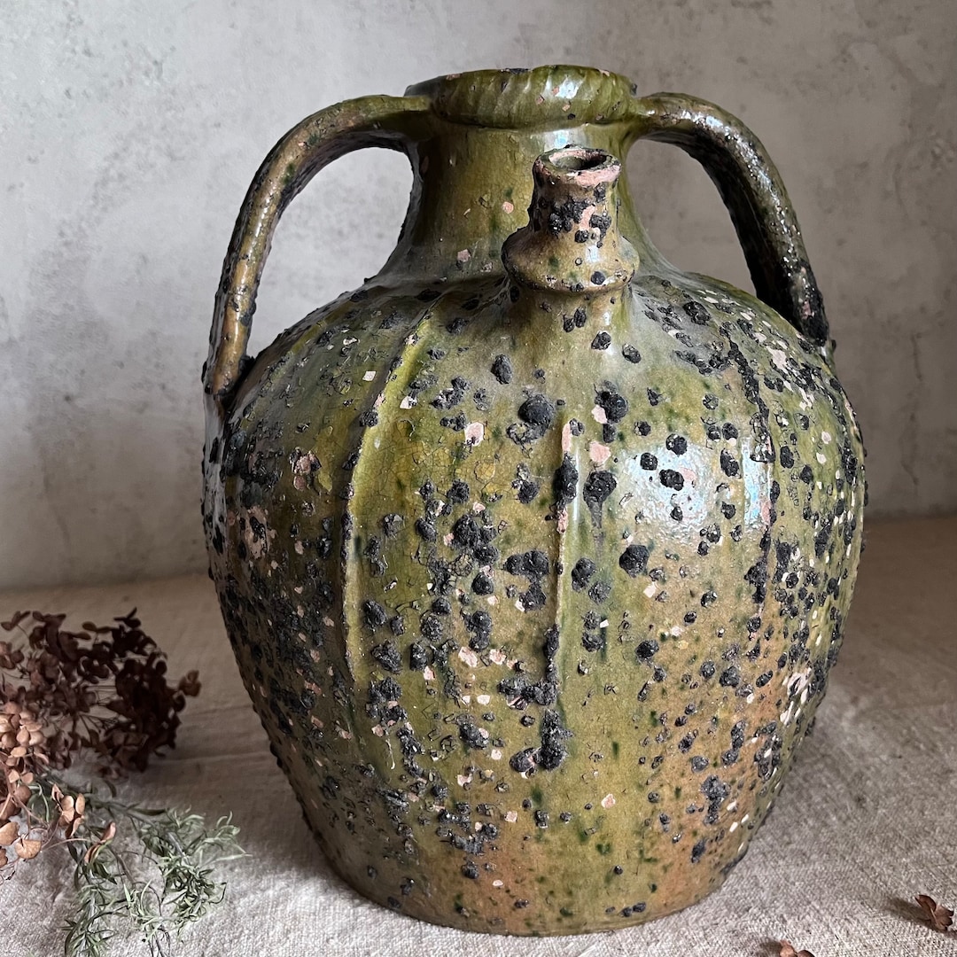Antique 18th French Nut Oil JAR . Green Glazed Jar Terra Cotta. Double ...