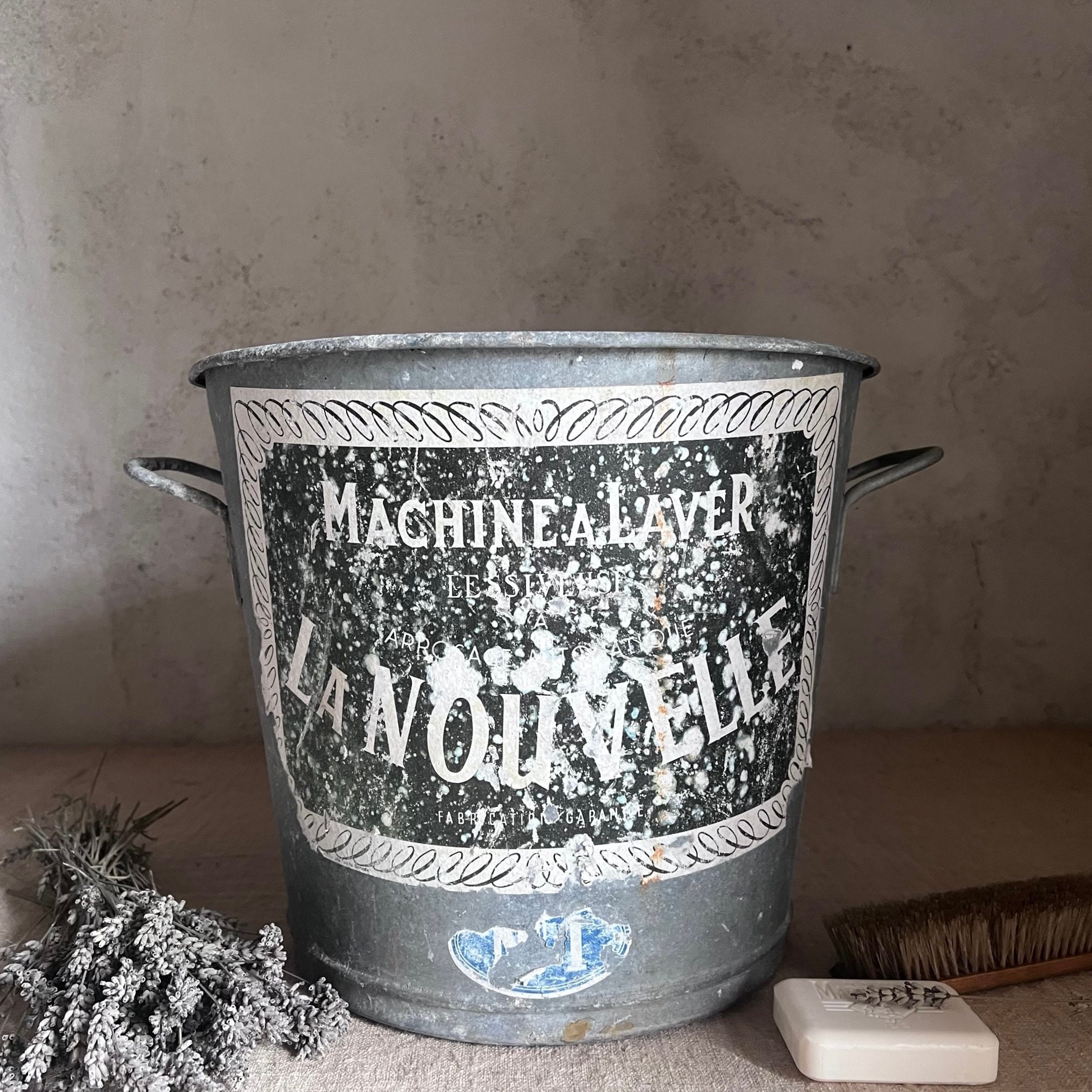 Antique French Large Zinc Laundry Basin Bucket With Handles. Old Label ...