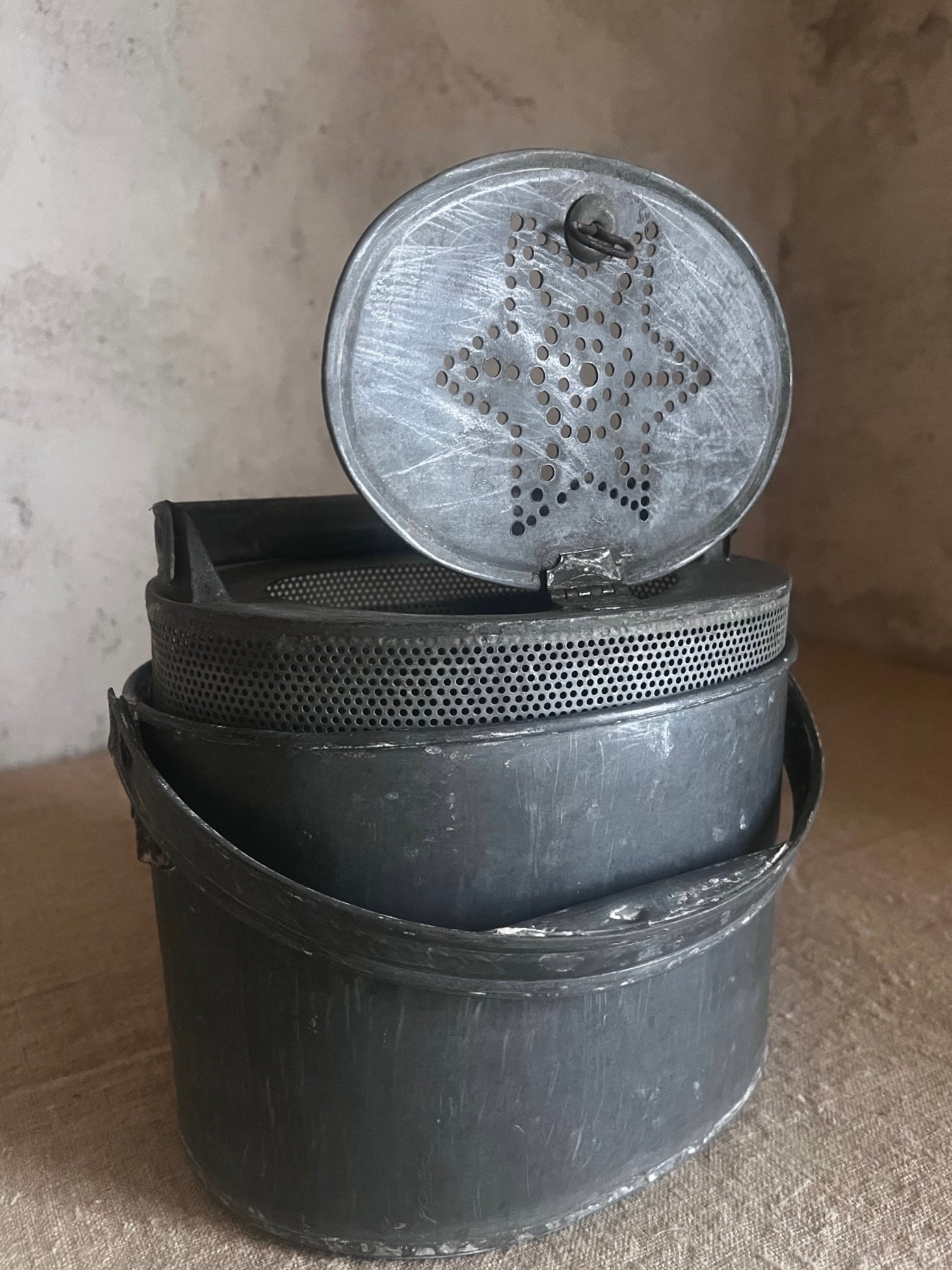 Antique French Fishing Pail Bucket Fish Bait Zinc Case Box Star Pattern ...
