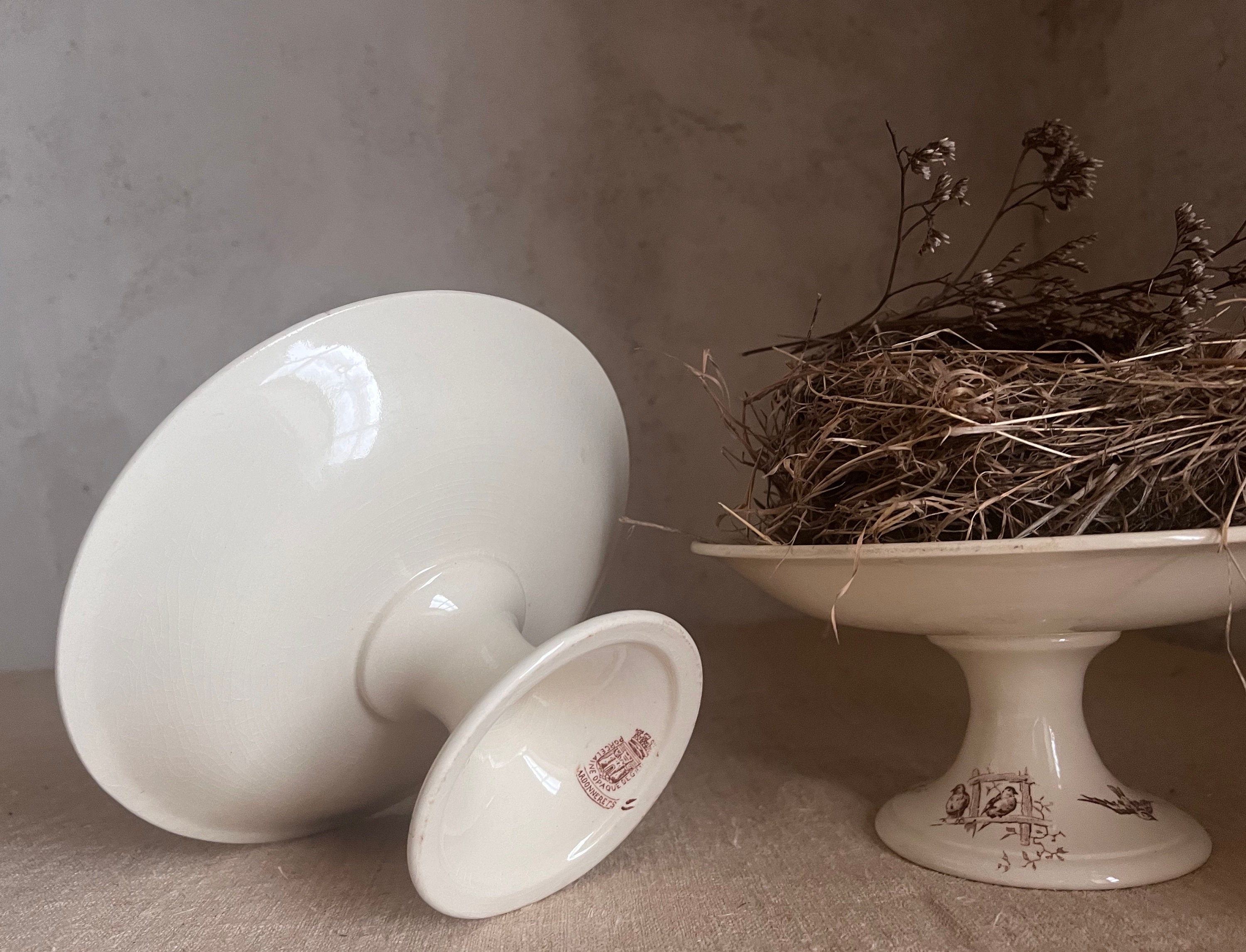 2 Antique French Compote Dishes . Sepia. Birds Flowers Stamped GIEN ...