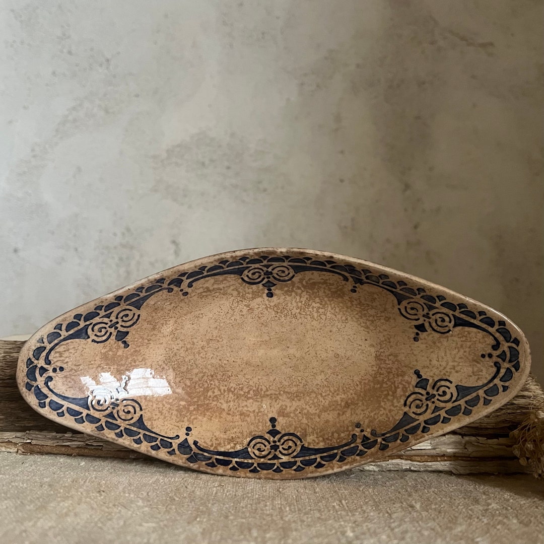 Antique French Ironstone Ravine Platter. Tea Stained and Deep Blue ...