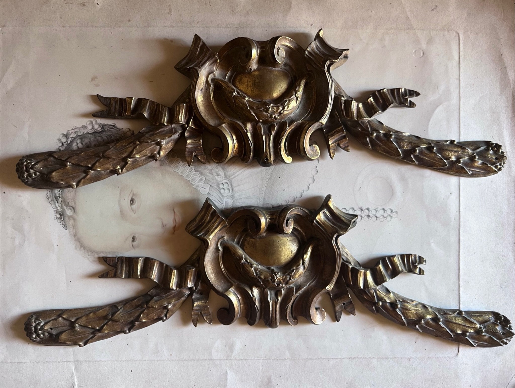 Pair of Antique French Bronze Pediments. Ornaments. Ribbon and Plant ...