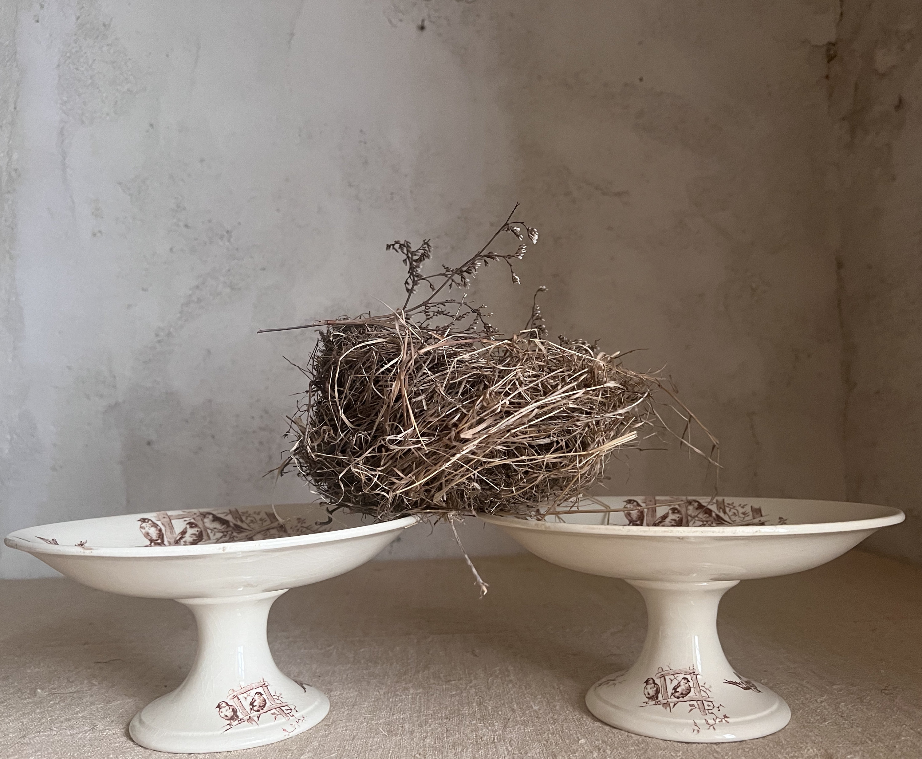 2 Antique French Compote Dishes . Sepia. Birds Flowers Stamped GIEN ...