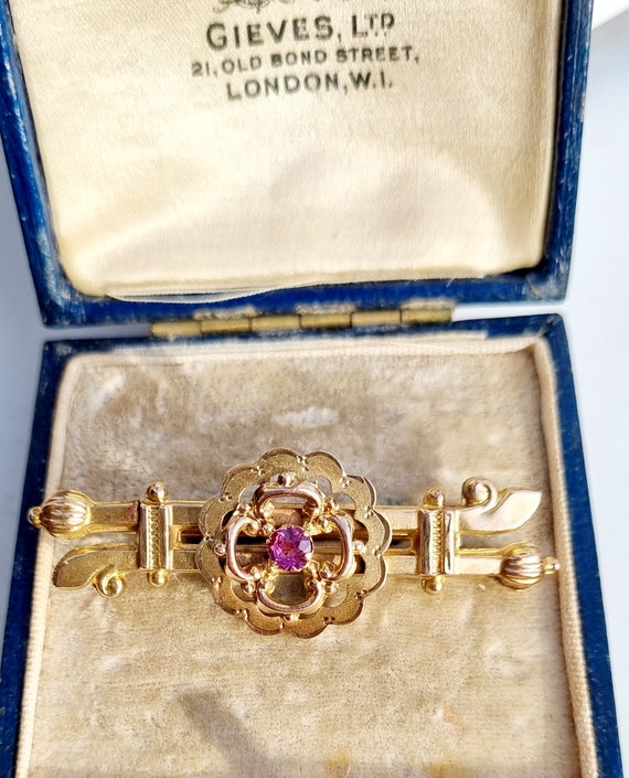 Antique 9ct Yellow Gold Rhodalite Garnet Bar Pin Broo… - Gem