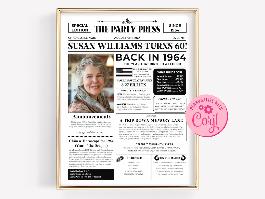 60th Birthday Newspaper Poster, Personalized Back in 1964 Printable ...