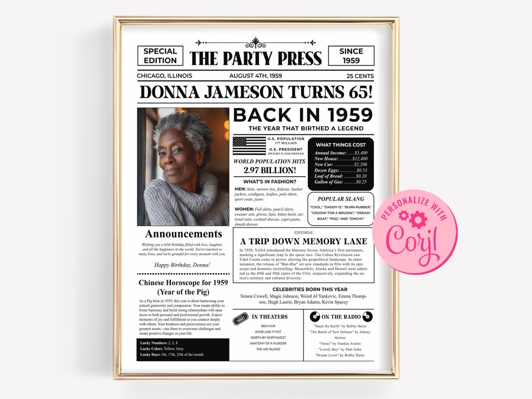 65th Birthday Newspaper Poster, Personalized Back in 1959 Printable ...