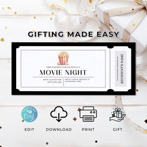 Movie Night Gift Voucher, Editable Movie Coupon Template, Anniversary ...